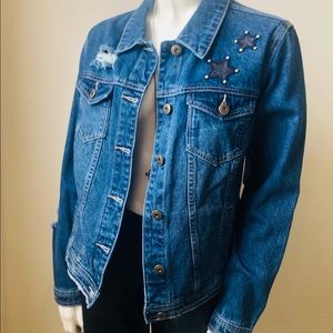 JustFab | Jackets & Coats | Destroyed Denim Jacket With Black Star ...